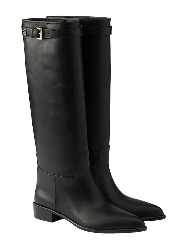 Prada Leather Knee-high Boots With Buckle Detail - Black