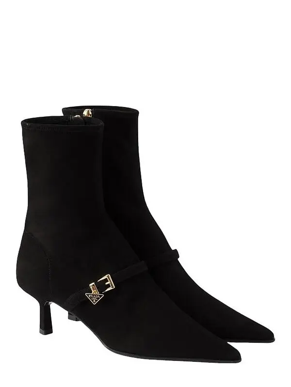 Prada Stretch Suede Kitten Heel Boots - Black