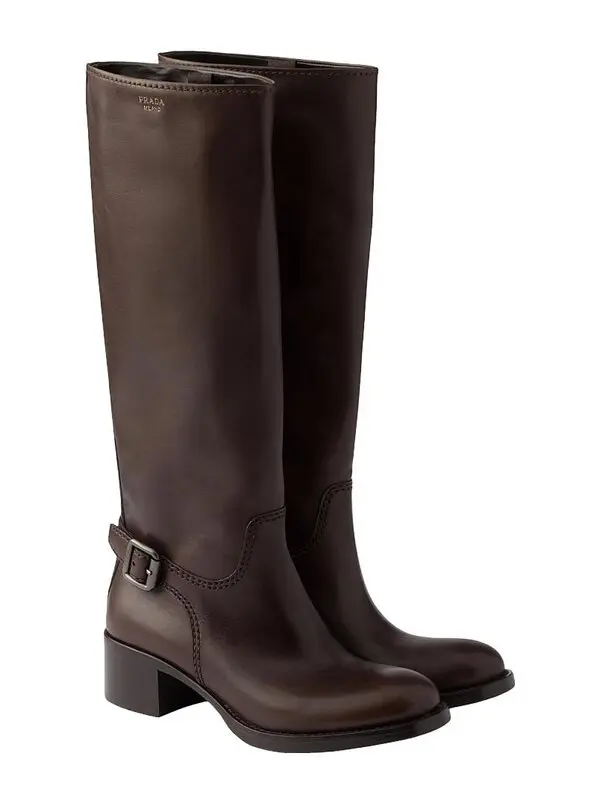Prada Buckled Leather Knee-high Boots - Teak