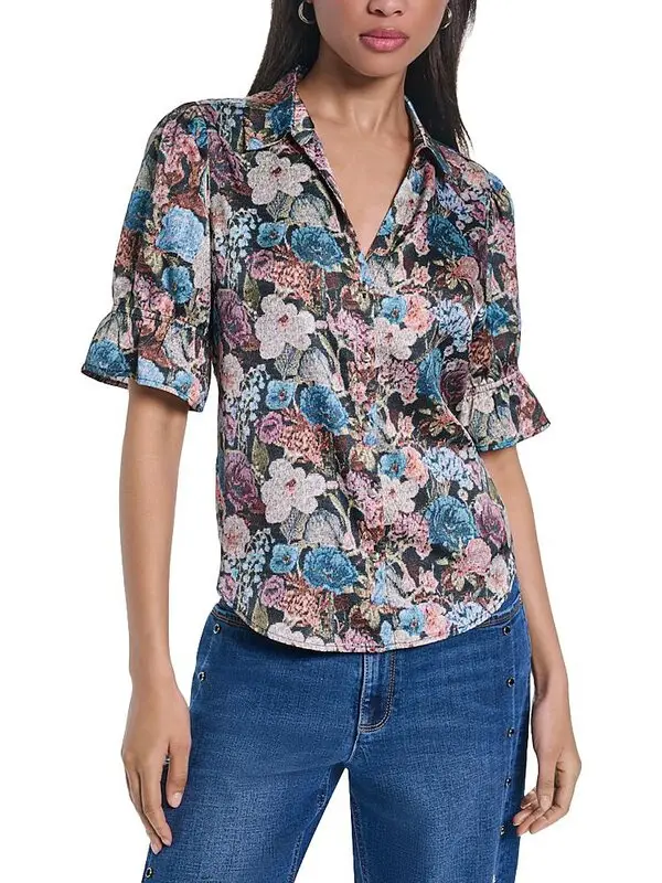 Karl Lagerfeld Paris Brocade Print Collared Shirt - Black Multi