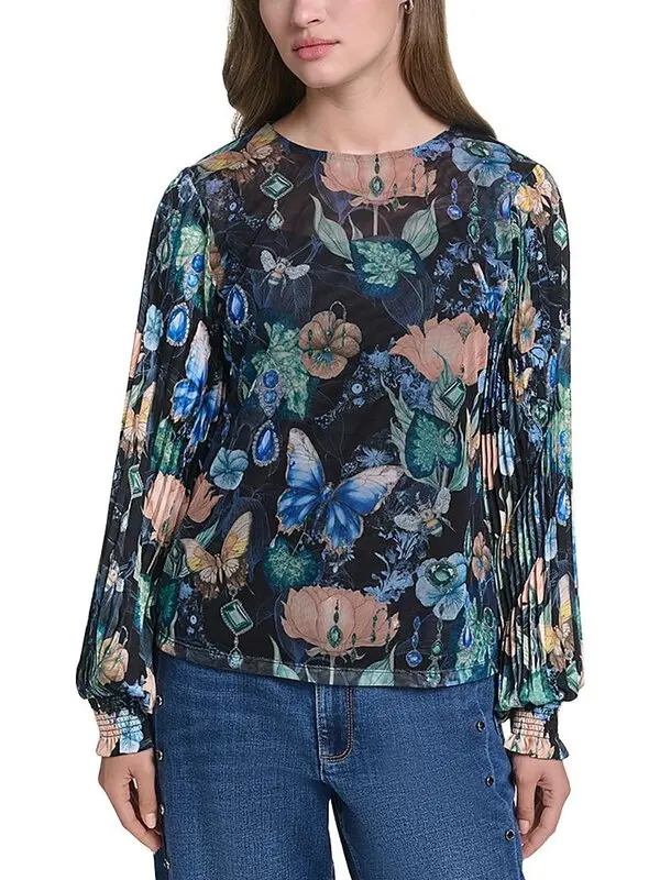 Karl Lagerfeld Paris Pleated Sleeve Top - Black Multi
