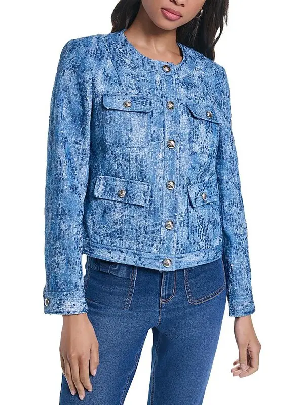 Karl Lagerfeld Paris Sequin Denim Collarless Jacket - Blue Multi