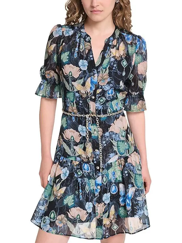 Karl Lagerfeld Paris Metallic Crinkle Button Down Dress - Black Multi
