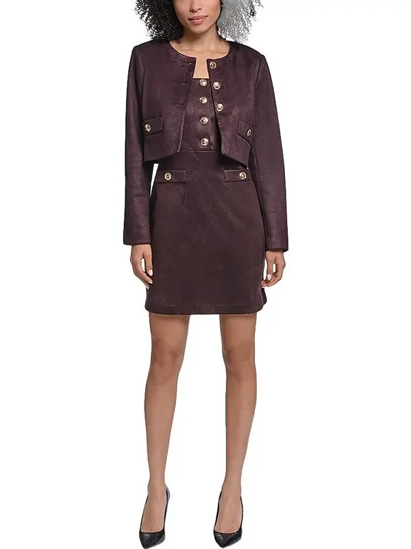 Karl Lagerfeld Paris Cropped Faux Suede Jacket With Button Details - Espresso