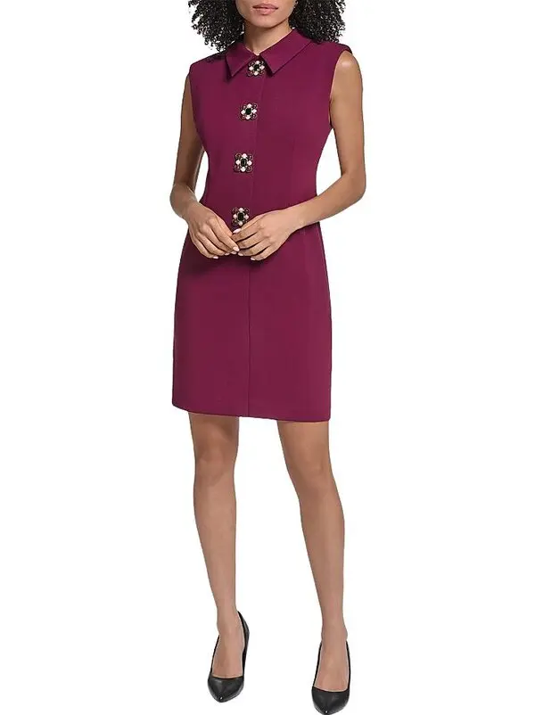 Karl Lagerfeld Paris Embellished Button Collared Sheath Dress - Port