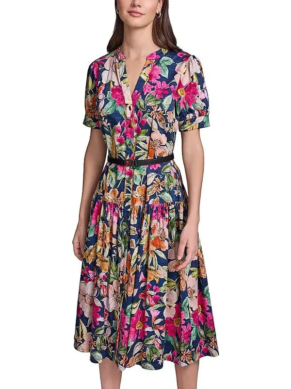 Karl Lagerfeld Paris Floral Print Belted Midi Dress - Currant/ Light Blush