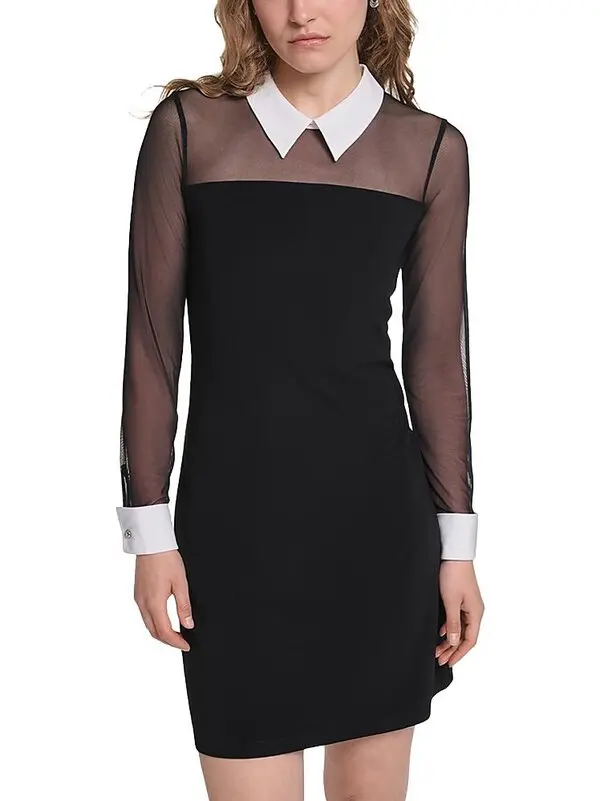 Karl Lagerfeld Paris Collared Long Sleeve Mesh Dress - Black