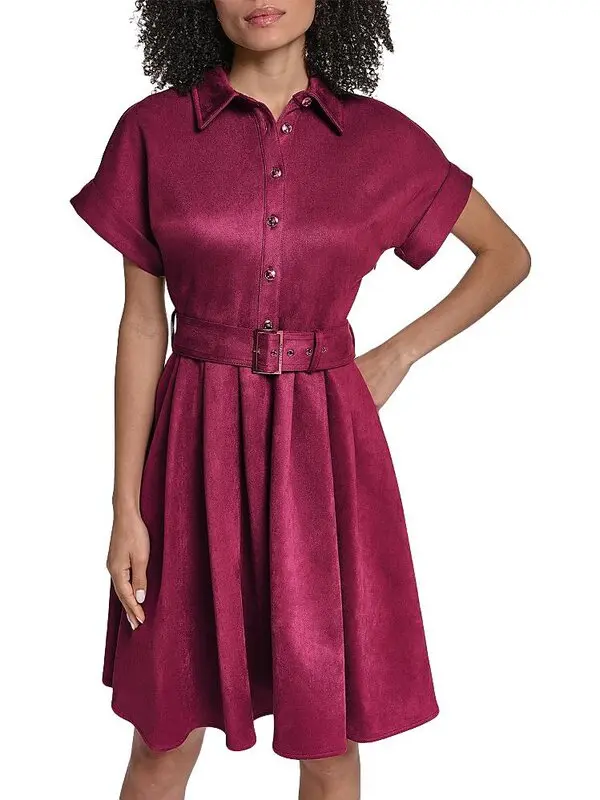 Karl Lagerfeld Paris Belted Faux Suede Pleated Shirt Dress - Port