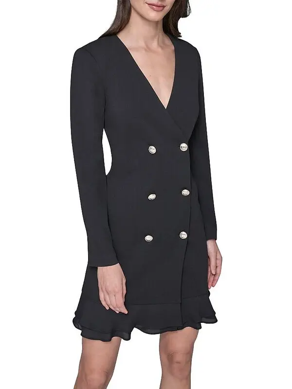 Karl Lagerfeld Paris Double Breasted Ruffle Hem Dress - Black