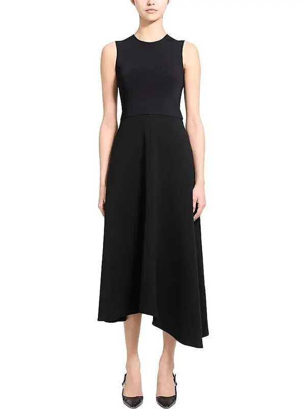 Theory Round Neck Flare Skirt Midi Dress - Black