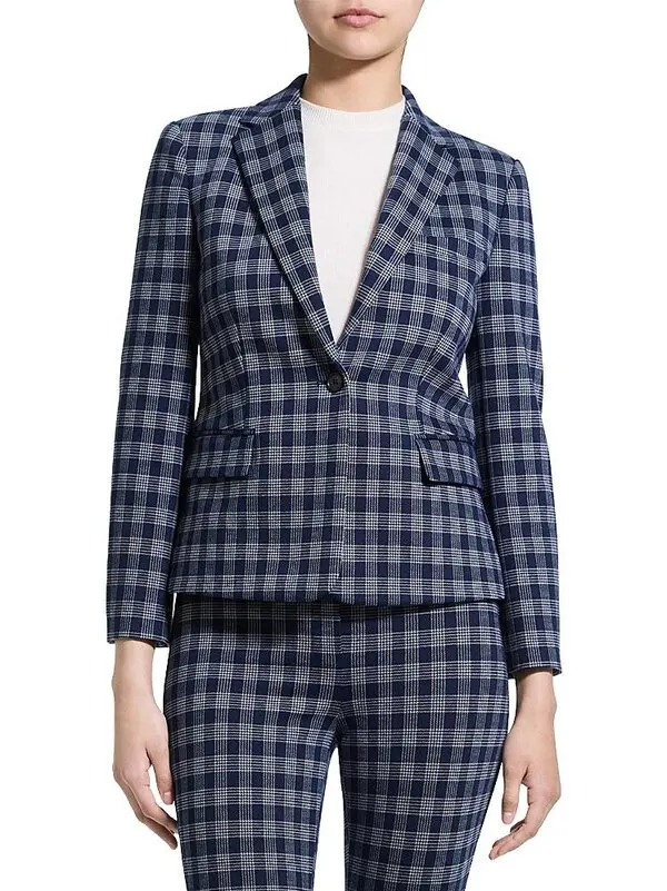 Theory Check Print Single Button Blazer - Navy Multi