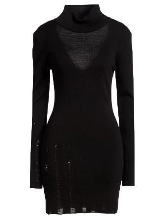 LANEUS Merino Wool Distressed Turtleneck Mini Dress - Black
