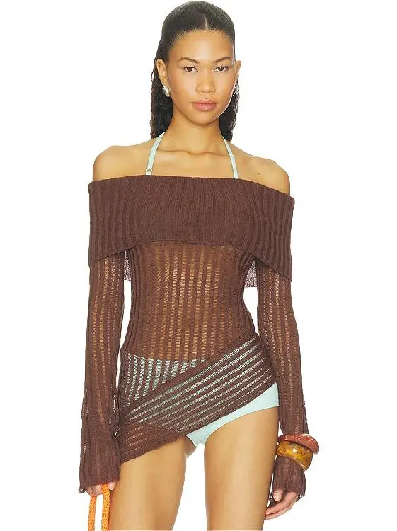 Superdown Off-the-shoulder Asymmetrical Knit Sweater - Brown