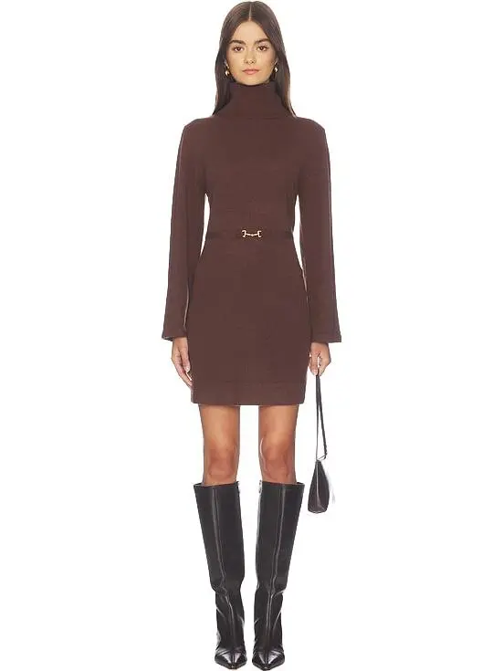 Rixo Aly Knit Turtleneck Mini Dress With Gold-tone Hardware - Chocolate