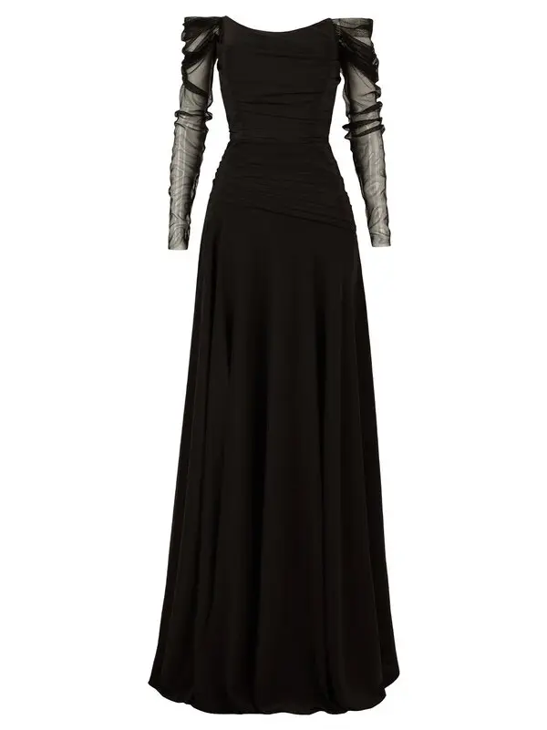 ALINA CERNATESCU Tundra" Silk Long Drape Dress With Tulle Sleeves - Black