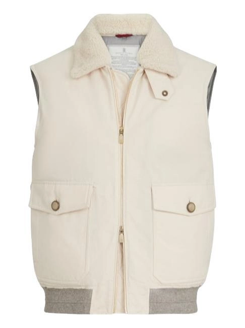 Brunello Cucinelli Waxed Techno Cotton Down Vest With Detachable Shearling Collar - Stone Gray