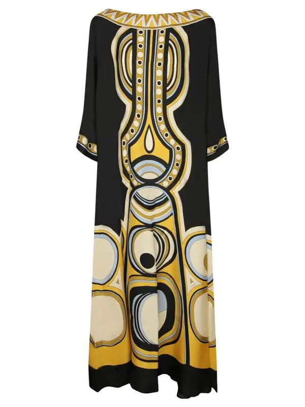 La DoubleJ Printed Maxi Dress With Round Neck And Long Sleeves - Multi-color