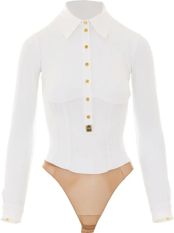 Elisabetta Franchi Button-front Long-sleeve Bodysuit Top - White