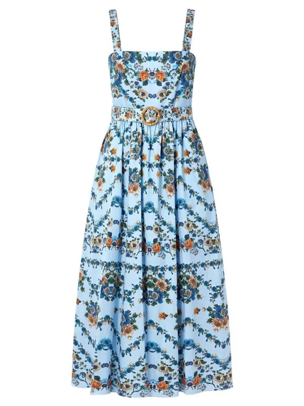Borgo De Nor Belted Floral-print Cotton Poplin Midi Dress - Blue