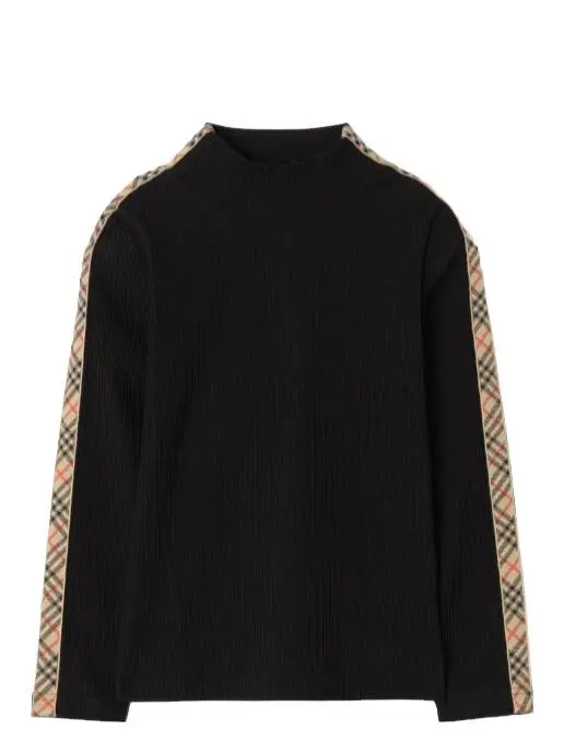 Burberry Check Trim Rib-knit Cotton Turtleneck Top - Black