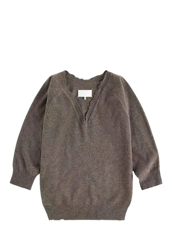 MAISON MARGIELA Distressed V-neck Long Sleeve Knit - Brown