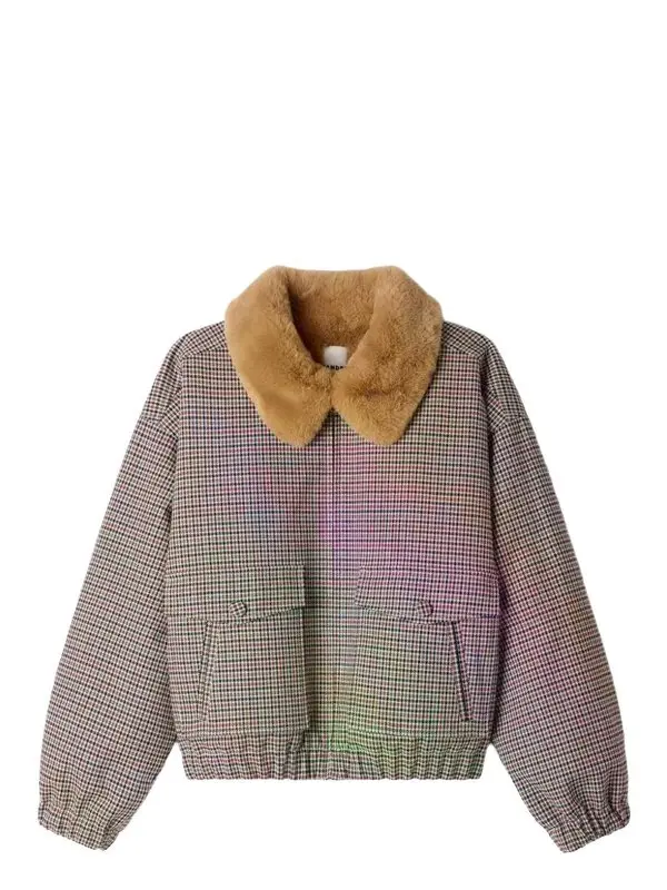 Sandro Checked Pattern Faux Fur Collar Bomber Jacket - Brown