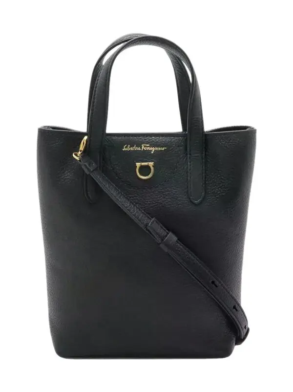 FERRAGAMO Mini Tumbled Calfskin Gancini Tote Satchel - Black