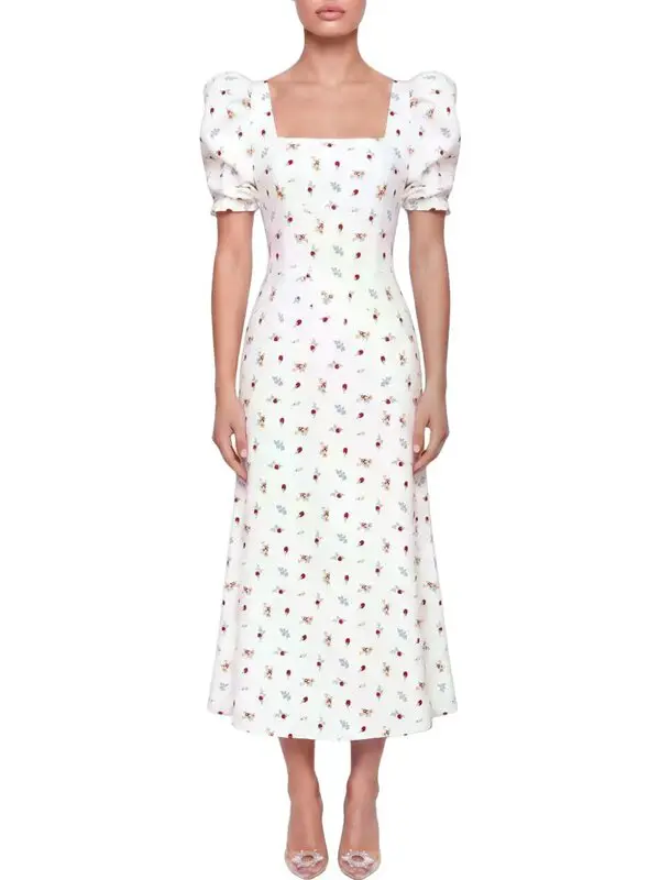 POST MERIDIEM Floral-print Puff-sleeve Midi Dress - White
