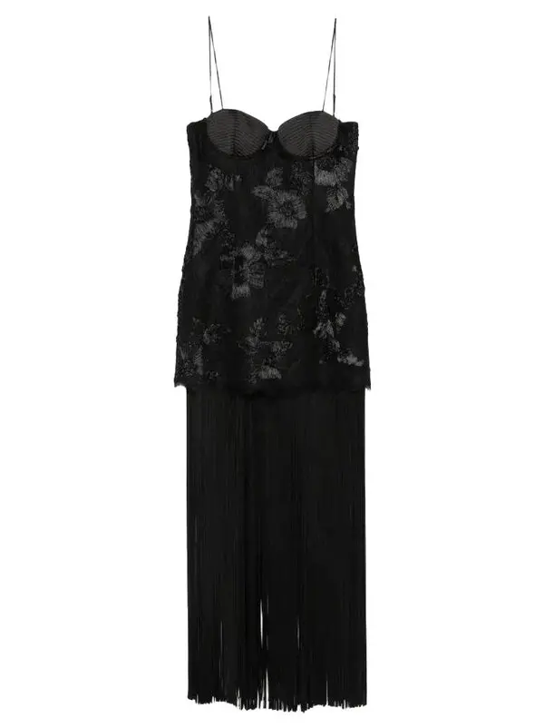 NISSA Floral-lace Midi Dress With Fringe - Black