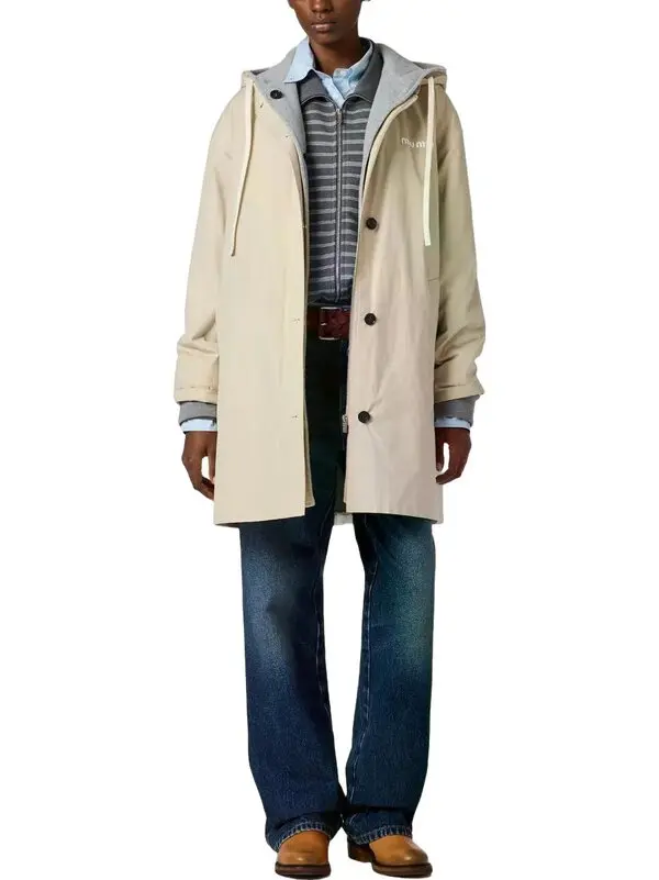 Miu Miu Single-breasted Panama Cotton And Fleece Caban Jacket With Hood - Neutrals
