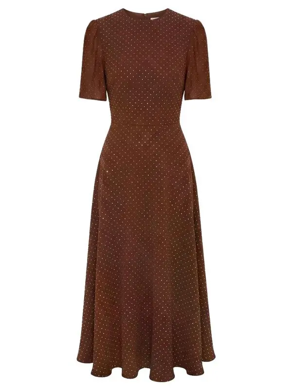 POST MERIDIEM Rhinestone Embellished Midi Dress - Brown