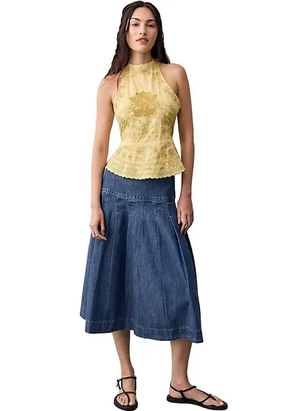 Free People We The Free Skipper Pleated Denim Midi Skirt - Babe Blue