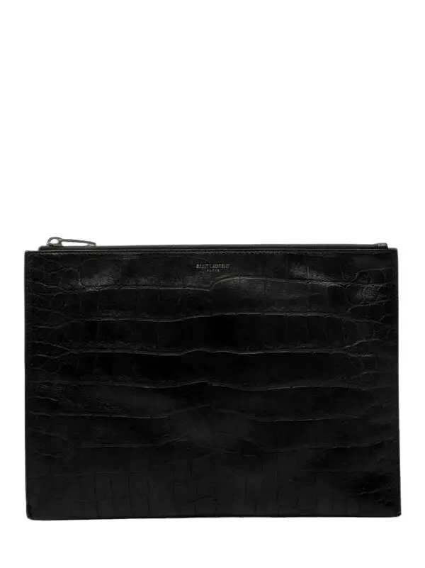 Saint Laurent Croc Embossed Leather Monogram Document Holder - Black