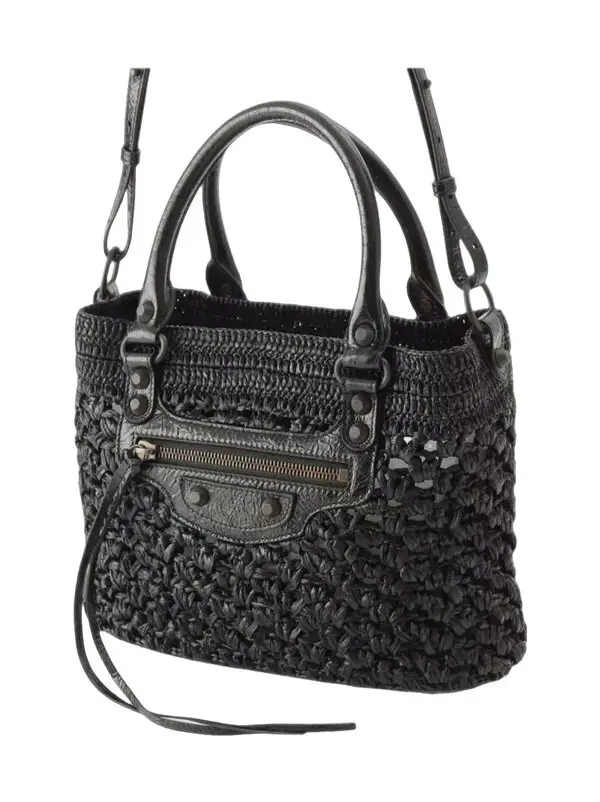 Balenciaga Small Raffia Effect Crochet Le City Basket Bag Satchel - Black