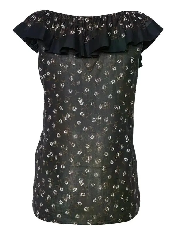 Red Valentino Floral Print Ruffled Sleeveless Top - Black