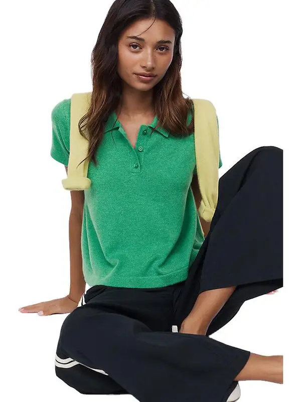 Maeve Short Sleeve Wool-cashmere Blend Polo Top - Kelly