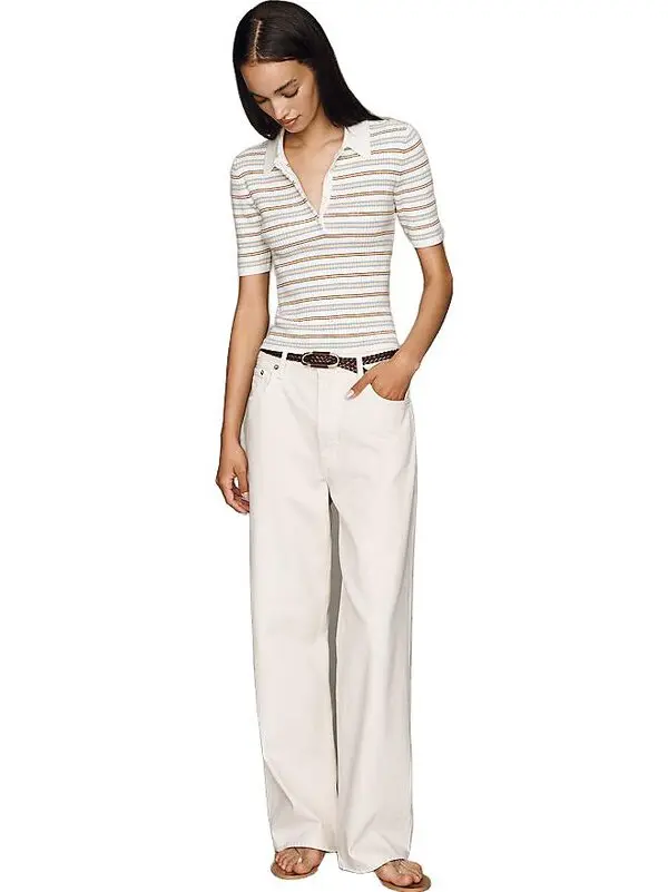 Paige Summit Striped Knit Polo Top - White Multi