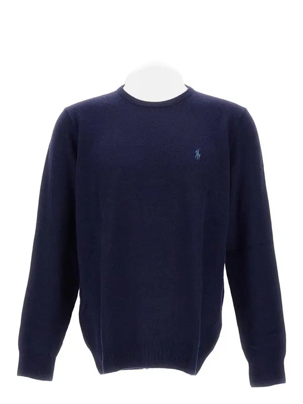 Polo Ralph Lauren Long Sleeve Wool Crew Neck Pullover With Embroidered Logo - Blu