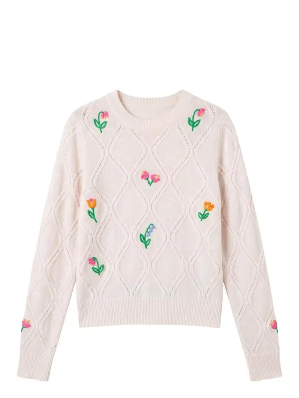 BRODIE CASHMERE Lightweight Floral Embroidered Cashmere Crewneck - White