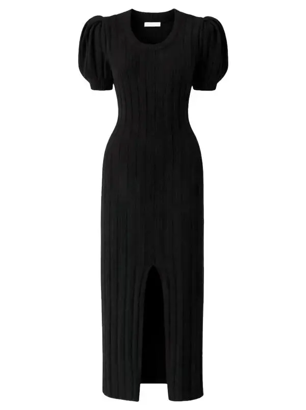 VIOLANTE NESSI Ribbed Puff-sleeve Midi Dress - Black