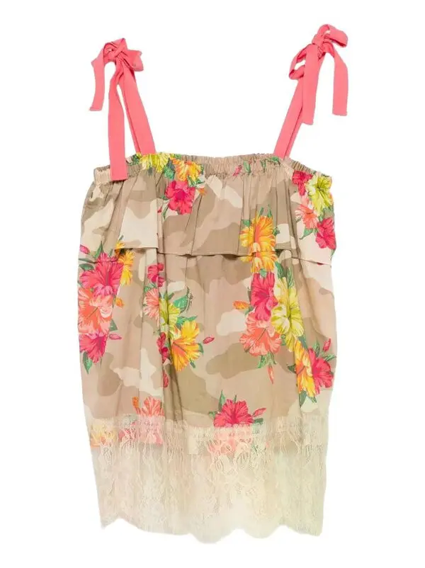 MY TWIN Square-neck Camouflage And Floral Print Top With Lace Trim - Neutrals
