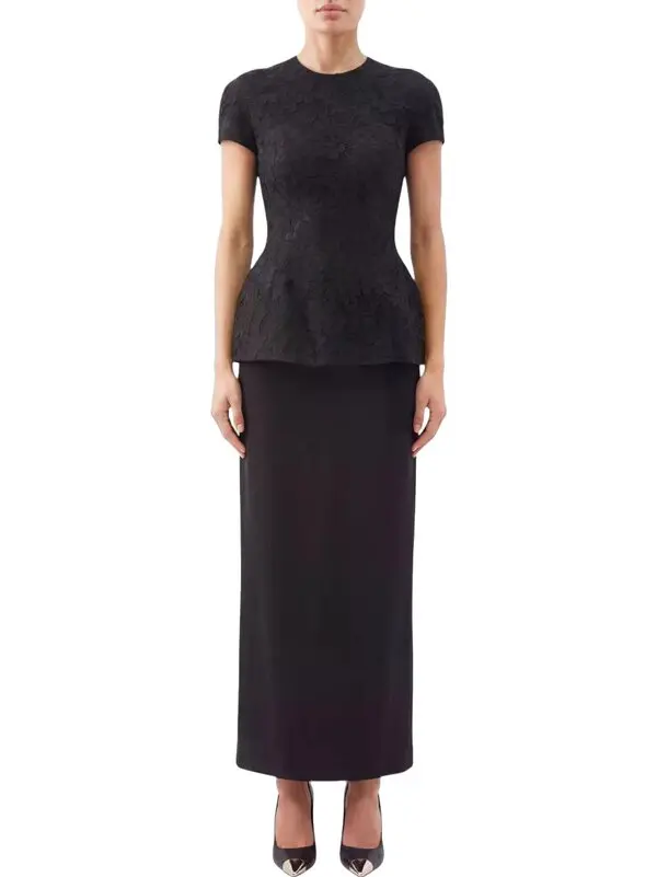 POST MERIDIEM Crew Neck Lace Detail Peplum Top - Black
