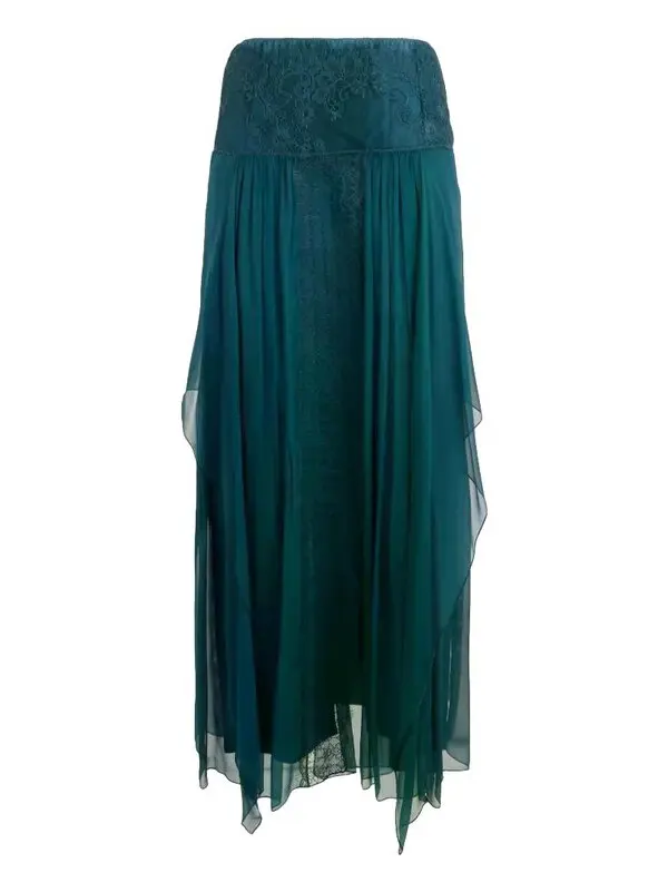 Alberta Ferretti Lace-trimmed Fringed Maxi Skirt - Green