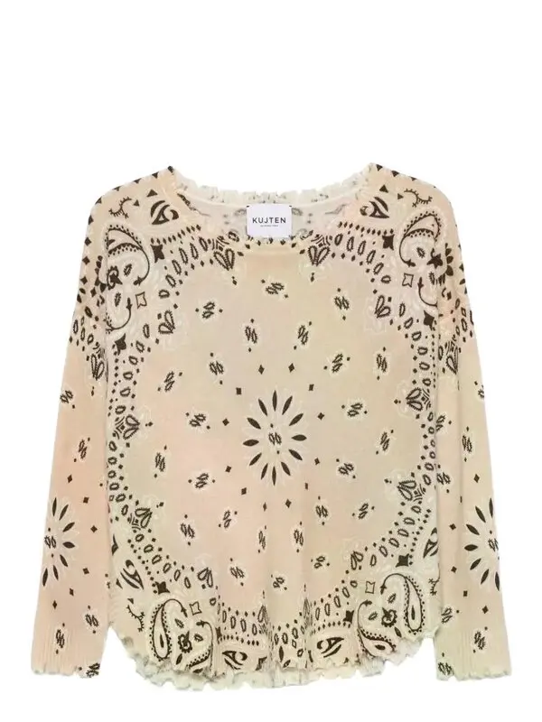 KUJTEN Bandana Print Distressed Edge Sweater - Neutrals