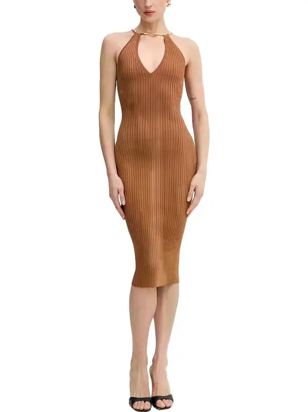 Elisabetta Franchi Ribbed Halterneck Midi Dress - Brown
