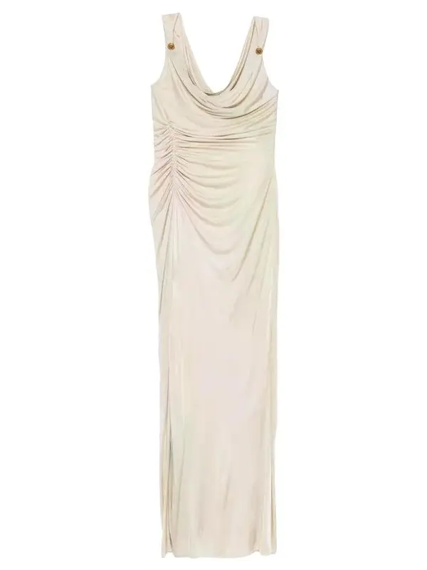 Versace Ruched Maxi Dress With Cowl Neck And Side Slit - Neutrals