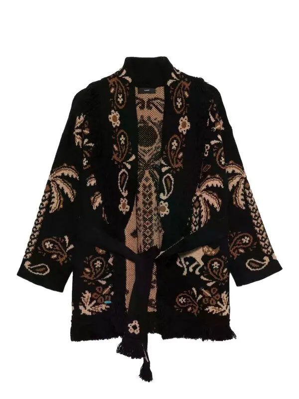 Alanui Fringe-trim Intarsia-knit Cardigan - Black