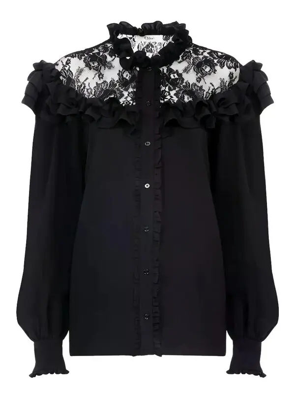 Chloé High-neck Ruffled Blouse In Crêpe De Chine And Lace - Black