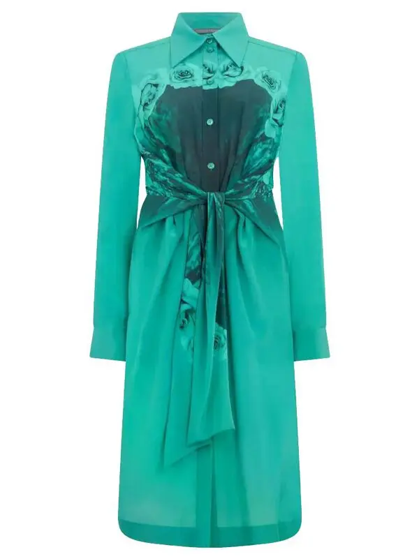 Alberta Ferretti Rose-print Belted Midi Shirt Dress - Blue