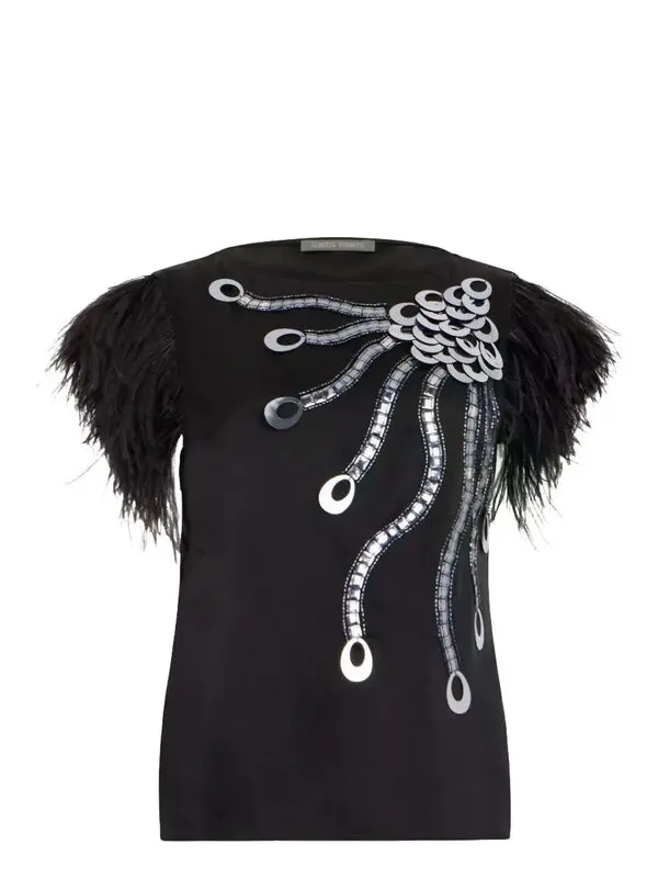 Alberta Ferretti Metallic-embellished Feather-trim T-shirt - Black